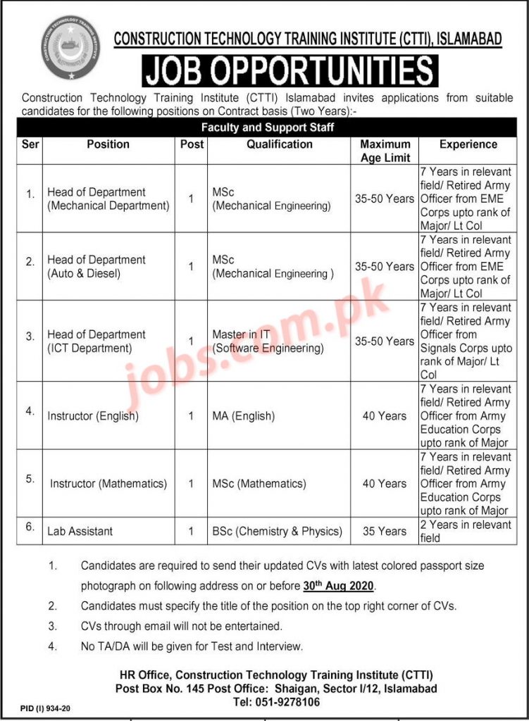 CTTI Institute Islamabad Jobs 2020 for Instructors, Lab and Management ...