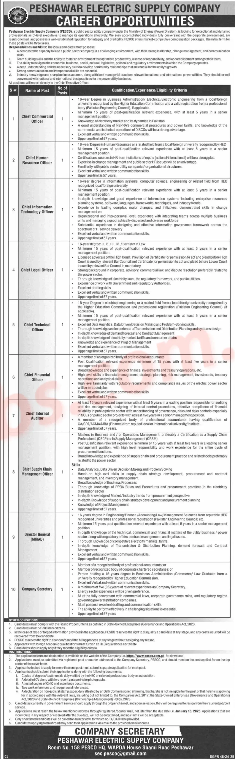 PESCO Jobs 2025 for Chiefs, Company Secretary and Other Posts ...